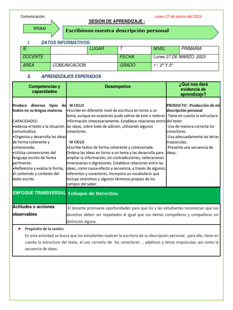 SESION DE APRENDIZAJE III Y IV CICLO COMUNICACION 27 de Marzo Del 2023 | PDF | Comunicación ...