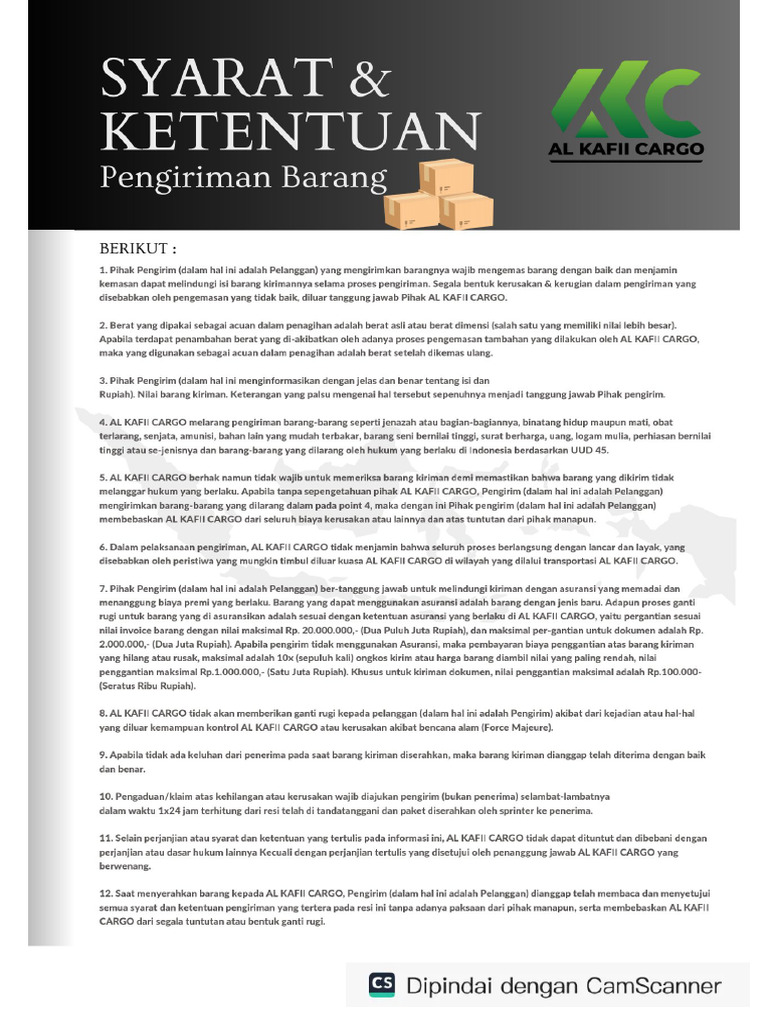 Syarat Dan Ketentuan CV Al Kafii Cargo | PDF