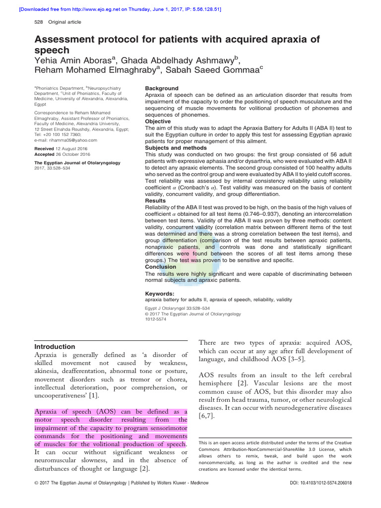 Assessment Protocol For Patients With Acquired Apraxia of Speech | PDF ...