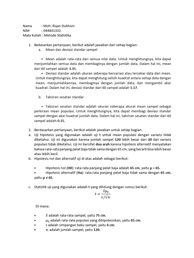 Tugas 2 Metode Statistik-Moh. Riyan Dukhoni | PDF