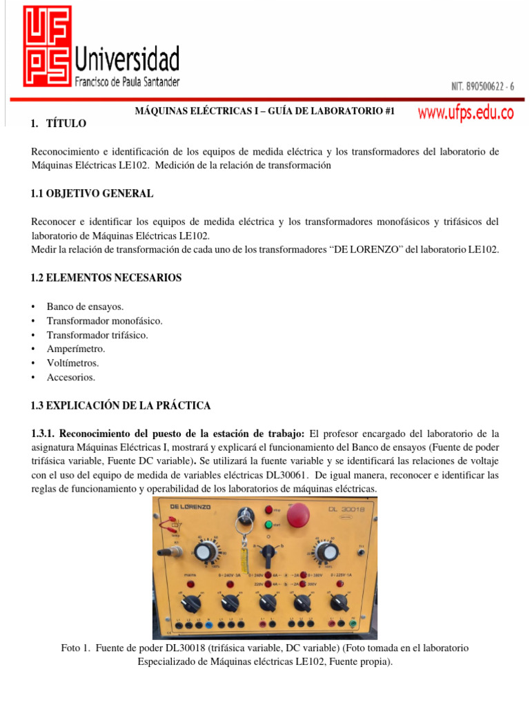 Guia Laboratorio No.1 | PDF | Transformador | Laboratorios