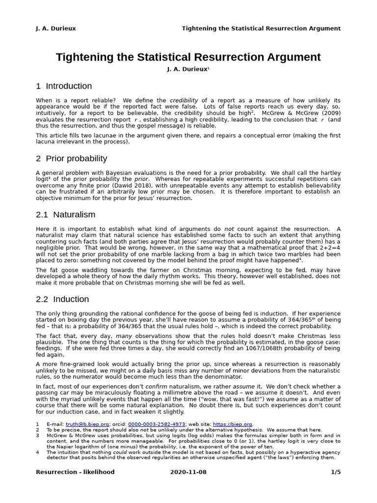 Tightening The Statistical Resurrection Argument | PDF | Resurrection Of Jesus | Inductive Reasoning