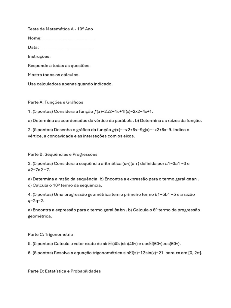 Teste Matemática A - 10 Ano | PDF | Sequência | Função (Matemática)