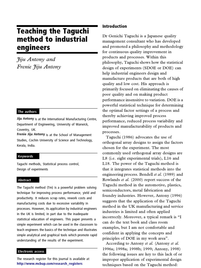Teaching Taguchi Method To Ie Pdf Experiment Design Of Experiments