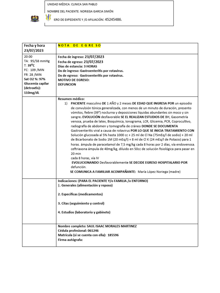 NOTA DE EGRESO | PDF | Medicina CLINICA | Enfermedades y trastornos