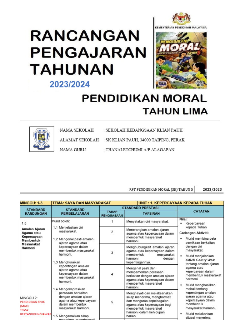 RPT Pendidikan Moral Tahun 5 SKKP 2022-2023 | PDF
