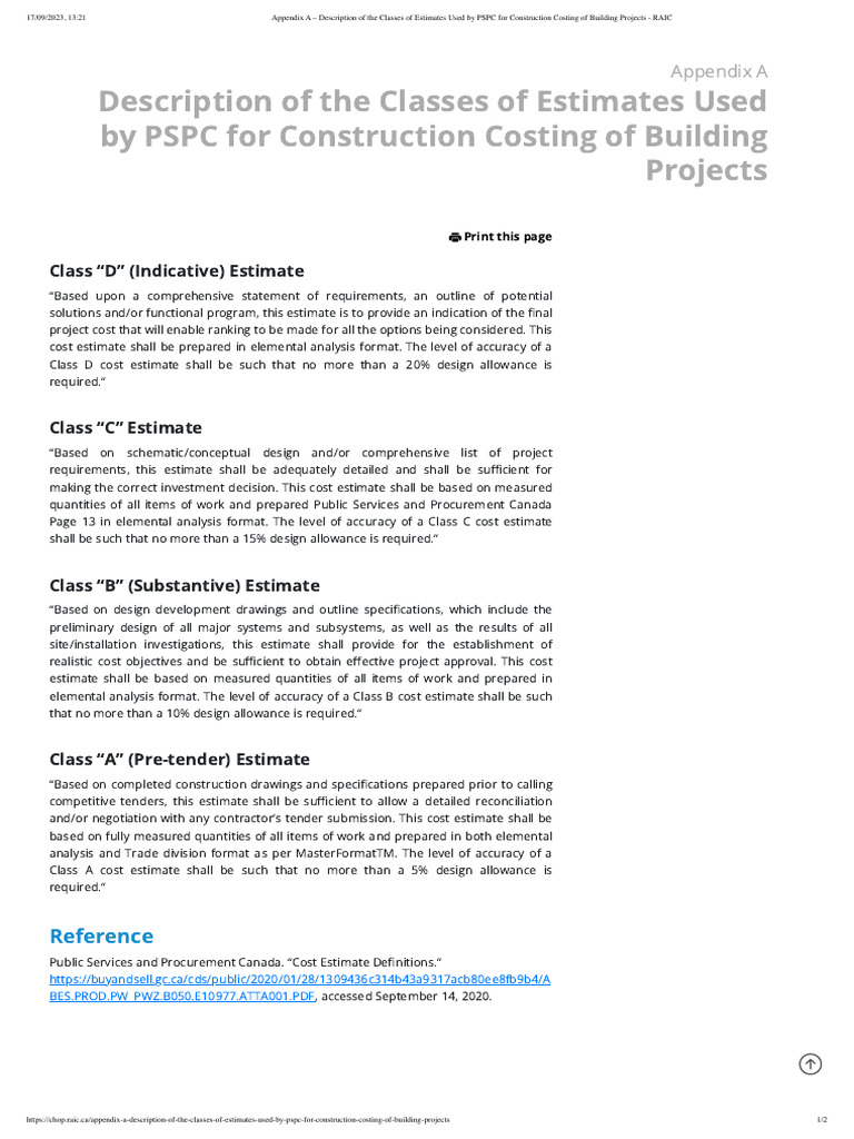 Appendix A - Description of The Classes of Estimates Used by PSPC For ...