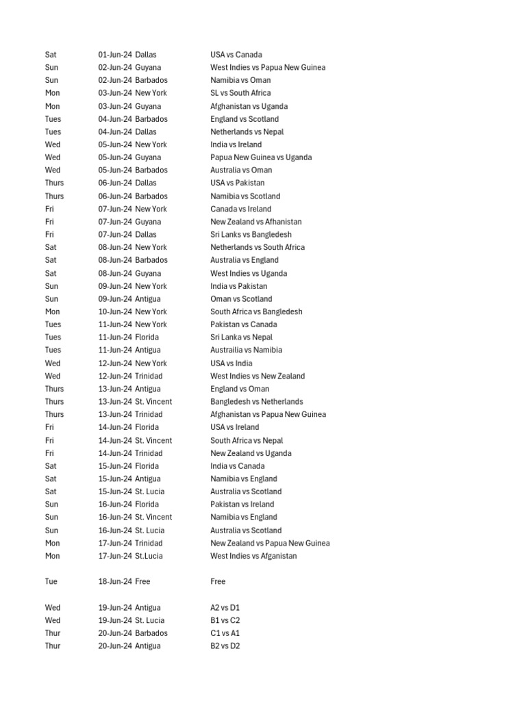 ICC T20 World Cup 2024 Match Schedule | PDF | Cricket | Sports