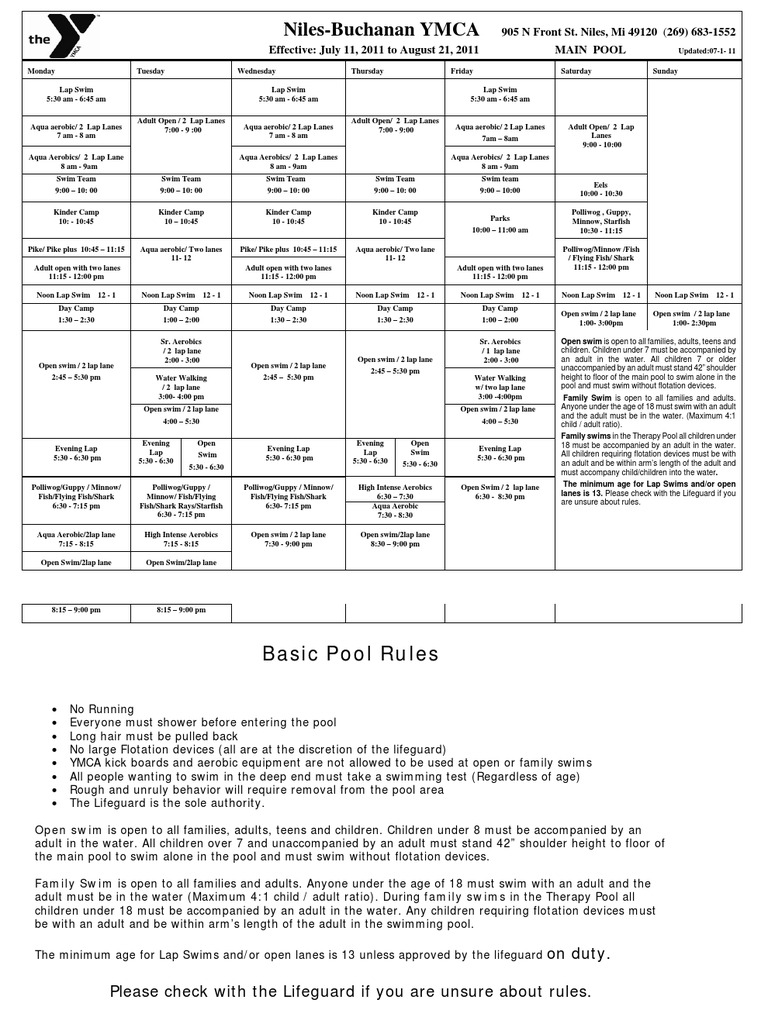 Niles Main Pool Schedule | PDF | Fish | Sports