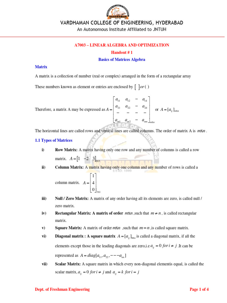 A7003 (LAO) Handout - 1 | PDF | Matrix (Mathematics) | Algebra