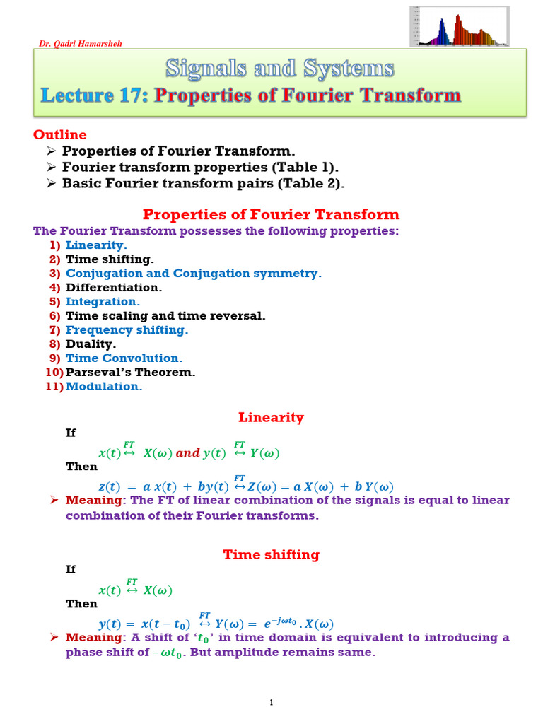 Lecture 17 Properties of Fourier Transform | PDF | Fourier Transform | Spectral Density