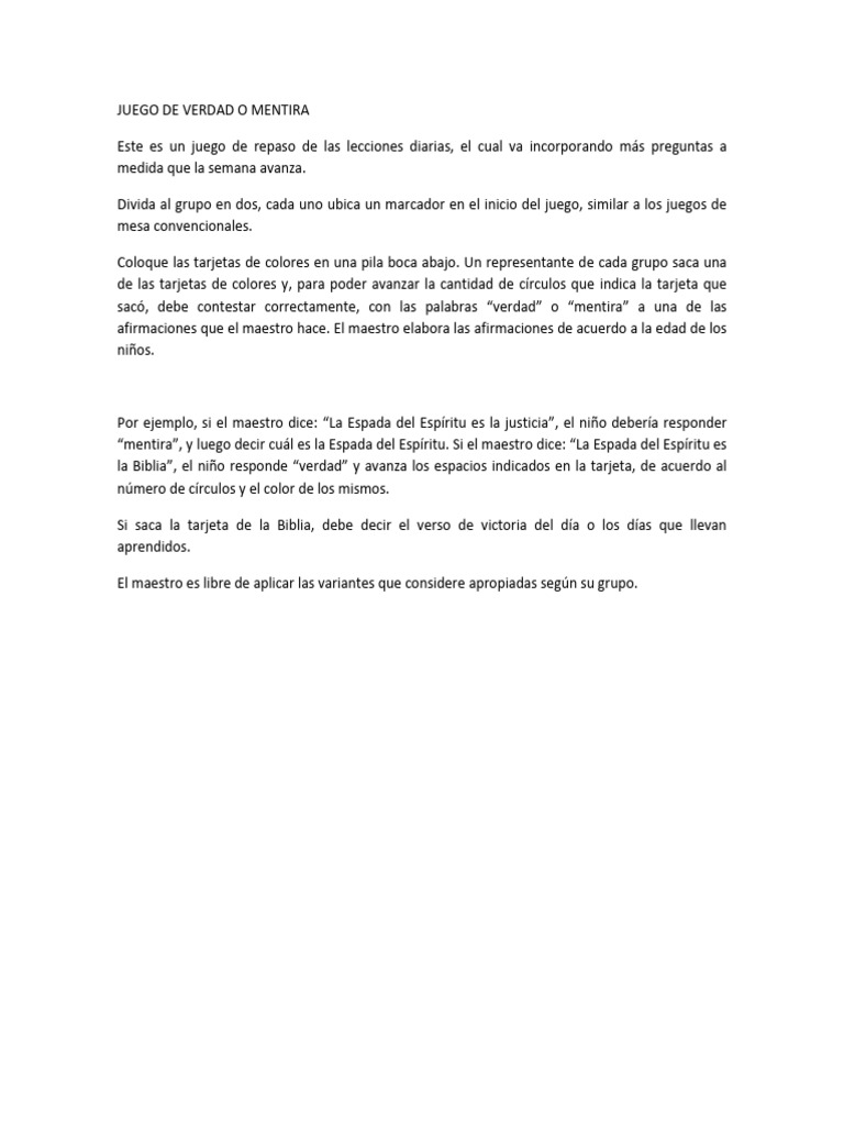 Juego de Verdad o Mentira para Niños | PDF