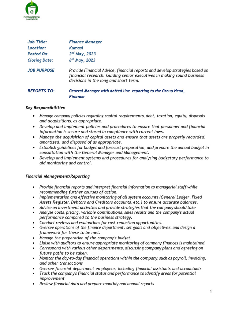 Finance Manager Advert 1 | PDF | Financial Statement | Audit