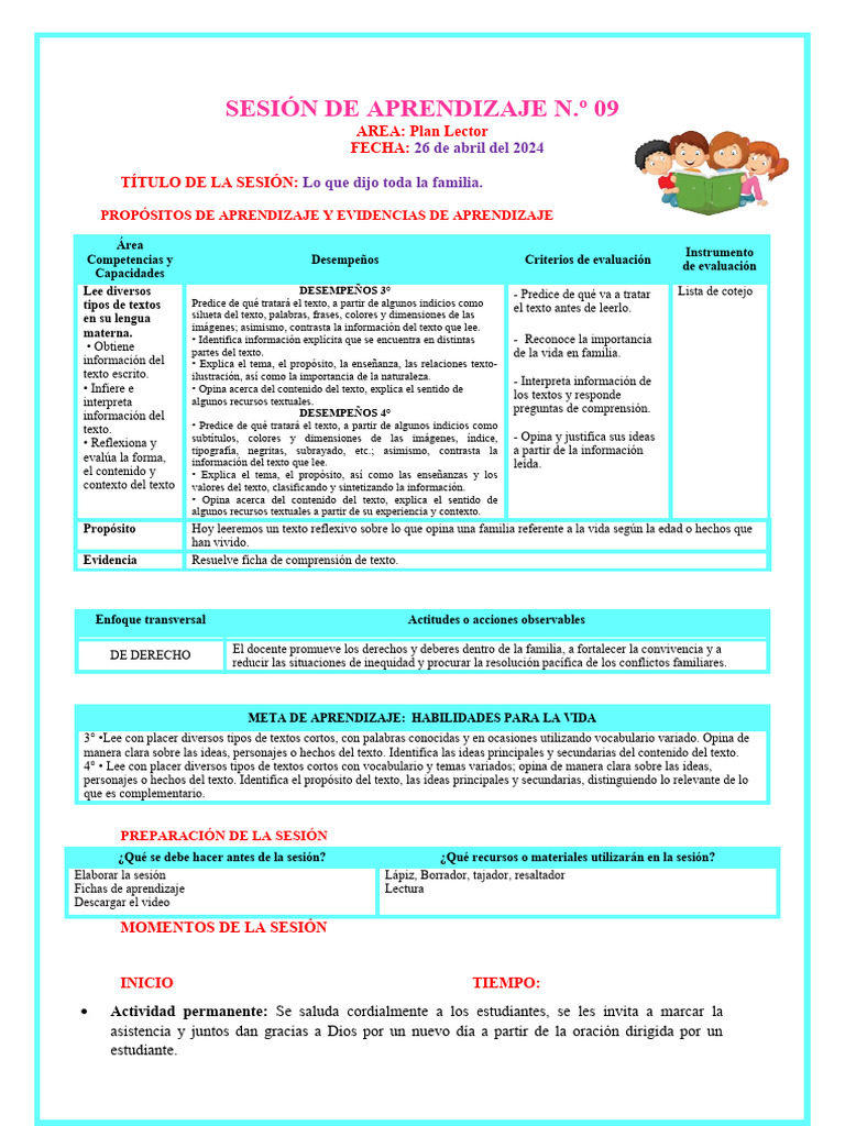 Sesion Plan Lector | PDF | Aprendizaje | Evaluación