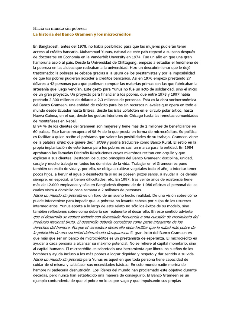 Hacia un mundo sin pobreza | PDF | Banco Grameen | Microcrédito Hacia un mundo sin pobreza | PDF | Banco Grameen | Microcrédito