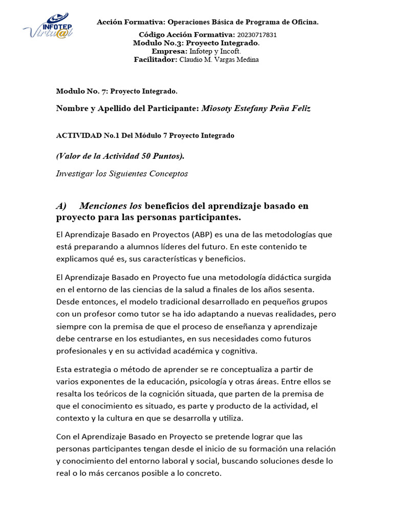 Actividad 1 Modulo 3 Proyecto Integrado. | PDF | Aprendizaje | Enseñando