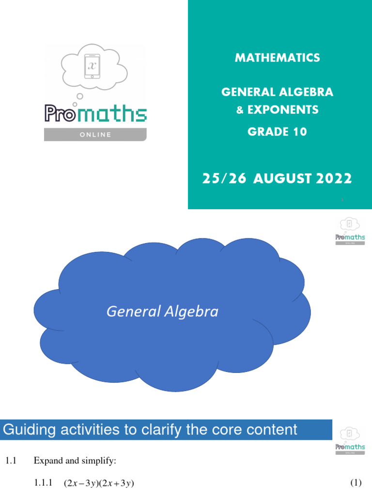 Grade 10 Promaths Consolidate Algebra & Exponents August 2022 | PDF ...