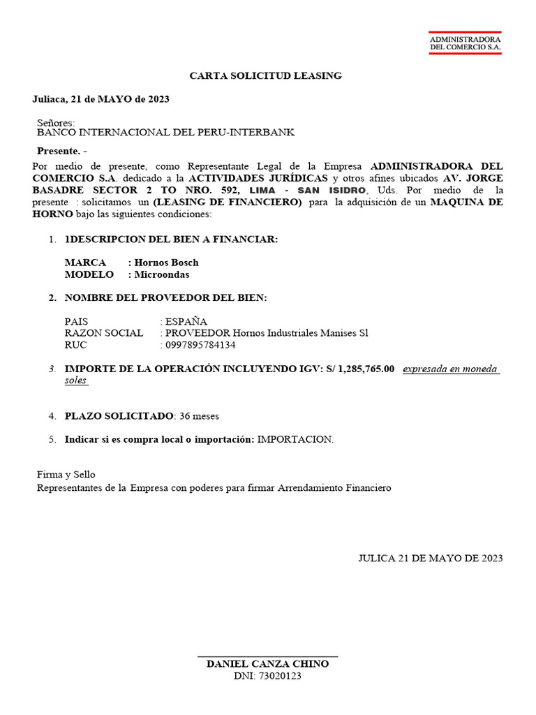 Carta-Solicitud-De-Leasing - IMPORTACION OK | PDF