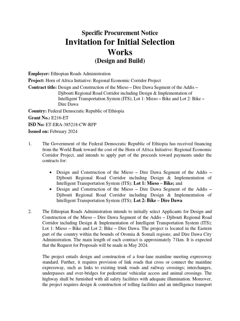 Specific Procurement Notice - HoA C1A | PDF | Ethiopia | Procurement