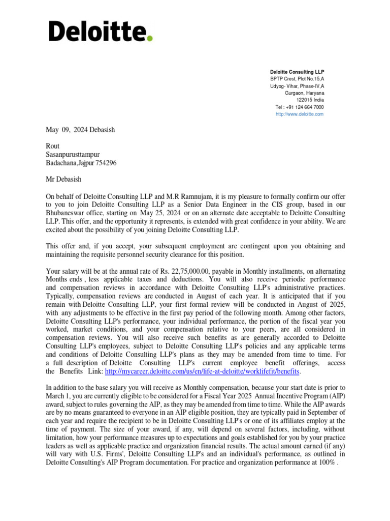 Joginder Offer Letter Deloitte Isi | PDF | Employment | Salary