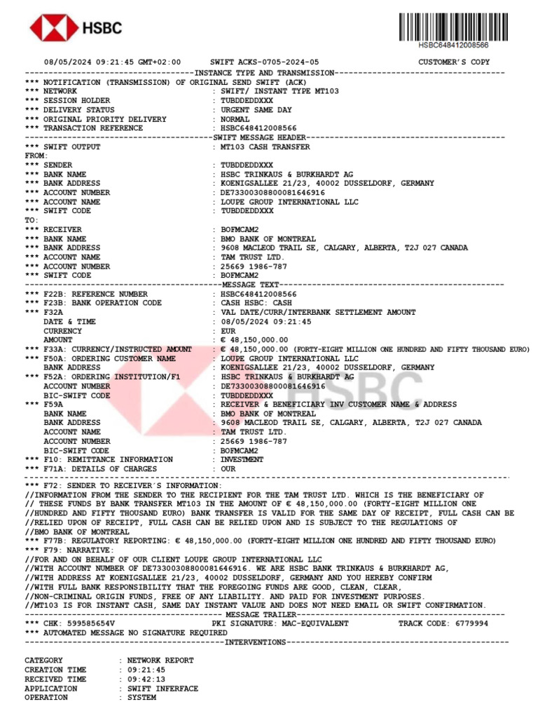 HSBC MT103 Transfer for Loupe Group | PDF | Wire Transfer | Banks