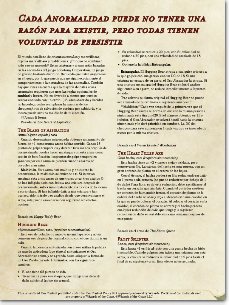 Lobotomized Items and Creatures For DND 5e GM Binder en Espanol | PDF | Maldición