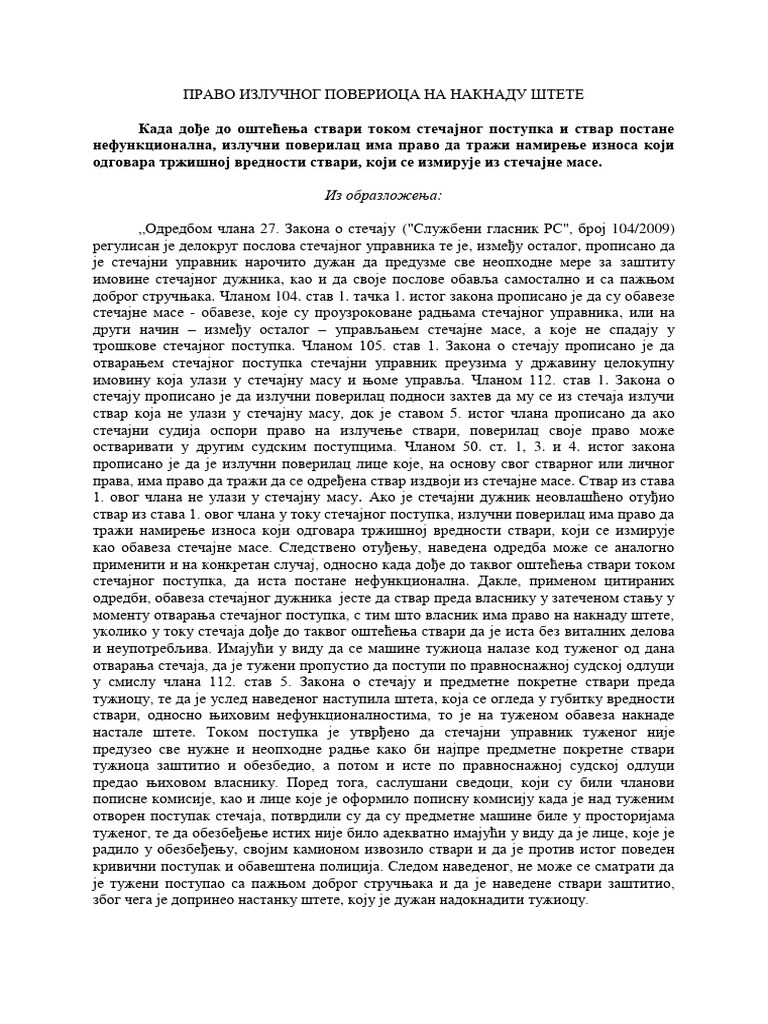 Pravo izlucnog poverioca na naknadu stete | PDF