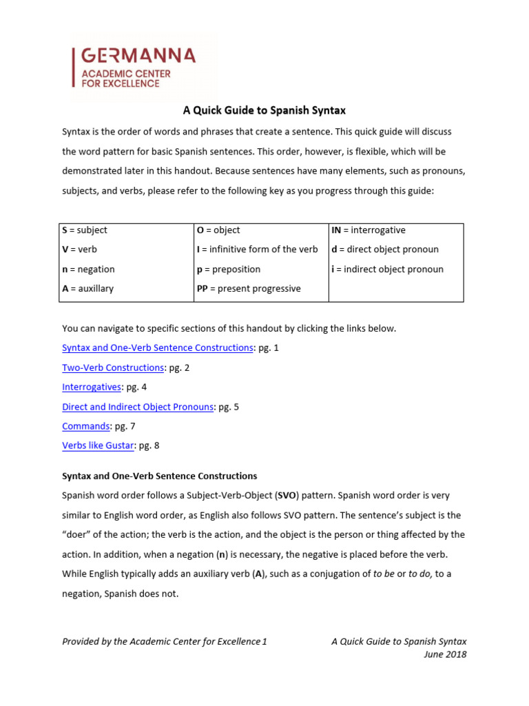 A Quick Guide to Spanish Syntax | PDF | Verb | English Language
