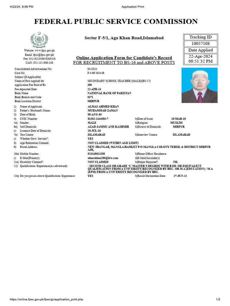 FPSC Application for Teaching Post | PDF