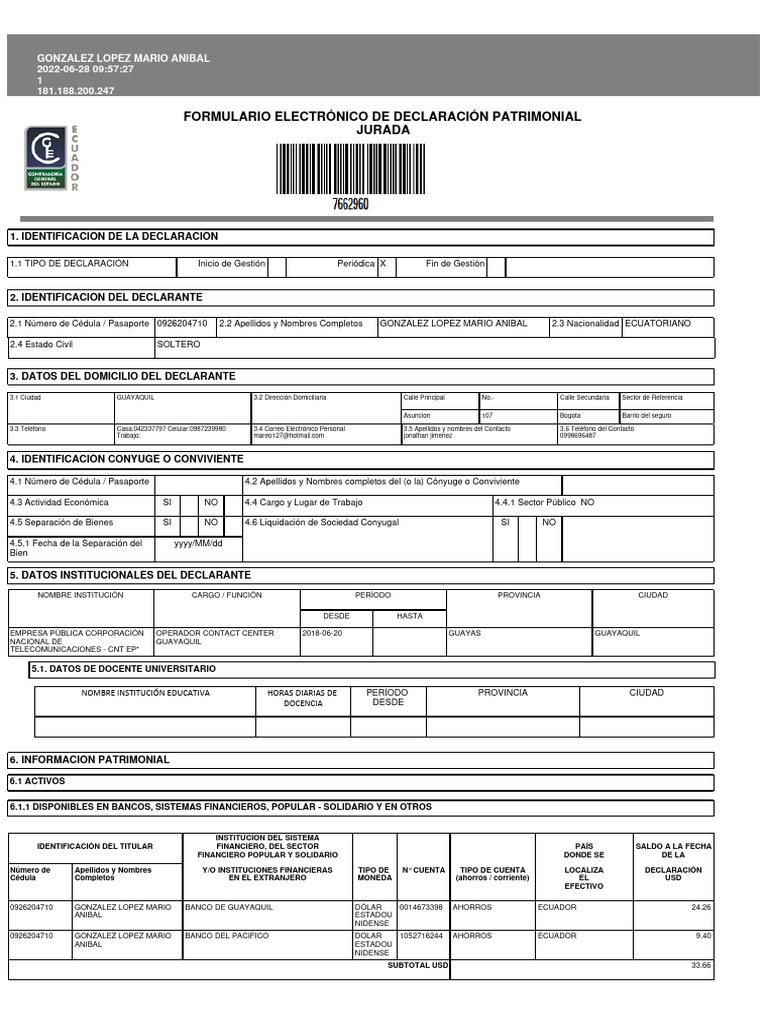 Formulario Declaracion Juramentada 0005 CGE2019 | PDF | Dólar de los ...
