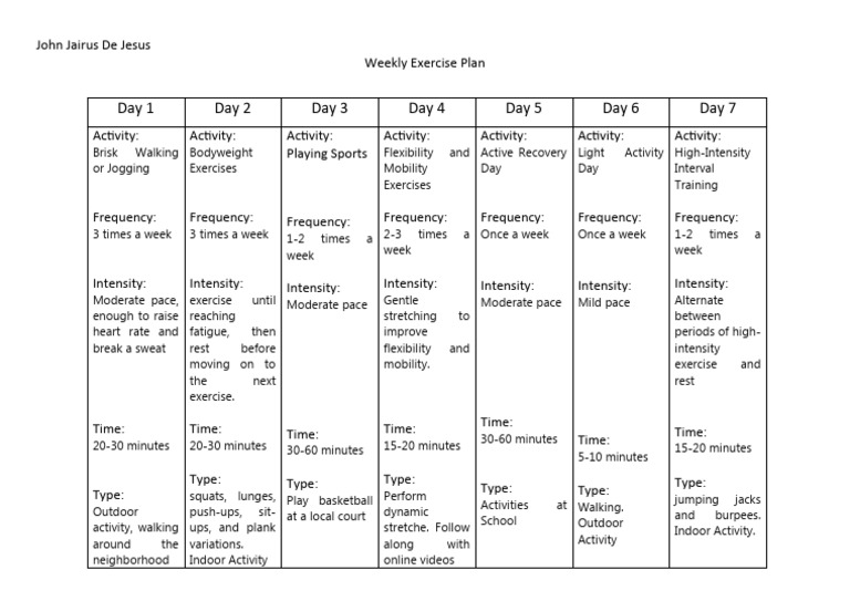Exercise Plan | PDF | Determinants Of Health | Physical Fitness