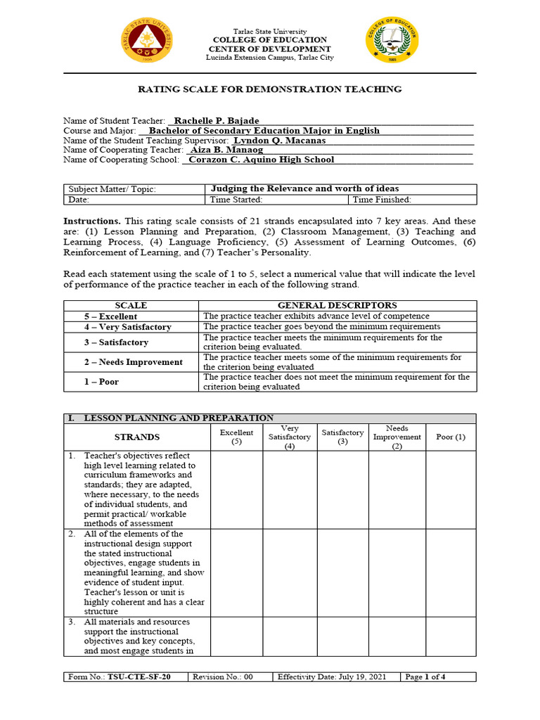 Final Demo Rating Scale Bajade | PDF | Teachers | Learning