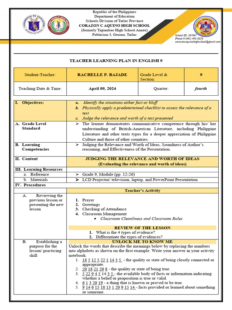 DLP 10 - Evaluating Relevance and Worth of Ideas | PDF | Relevance | Human Communication
