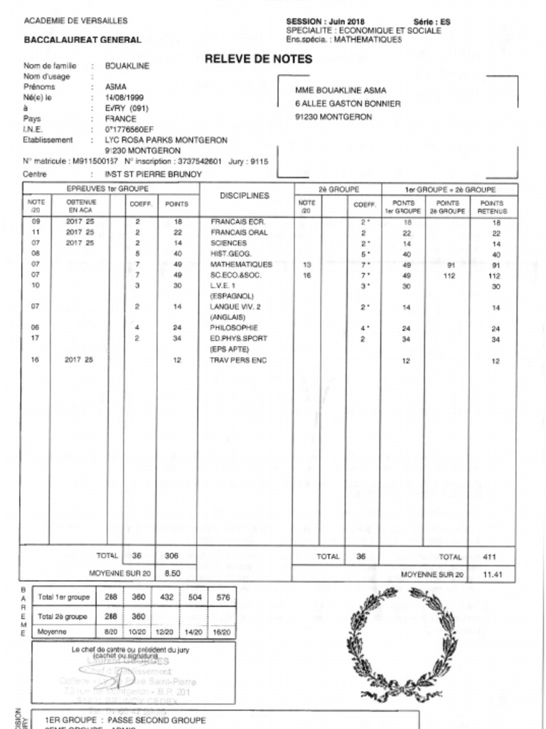 Relevé de Notes | PDF
