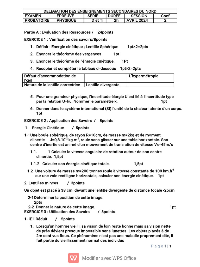 Épreuve de Physique Probatoire 2024 | PDF | Énergie kinétique | Vitesse