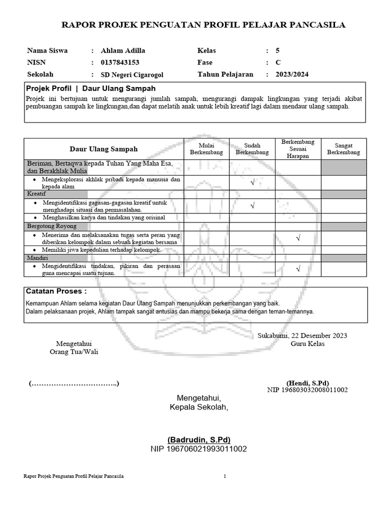 Rapor P5 (Kelas V) 25 Siswa | PDF