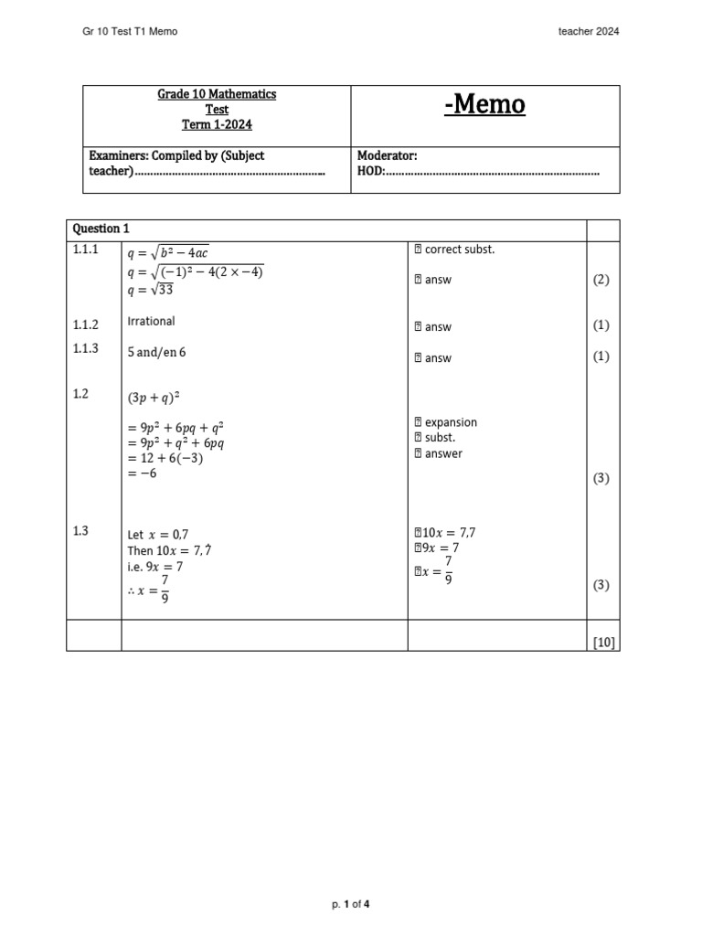 GR 10 Test Algebraic Expressions T1 2024 Memo | PDF | Teaching Methods ...