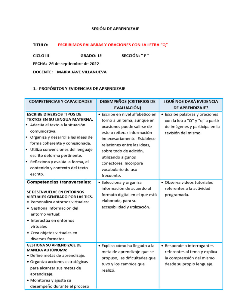 Sesión de Aprendizaje Escribimos Oraciones Con Que y Qui | Descargar ...