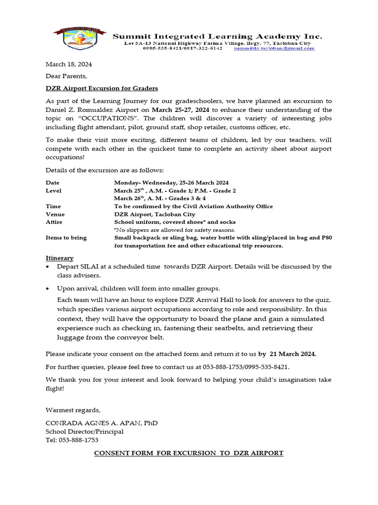 Letter To The Parents Regarding The Excursion To The Airport | PDF ...