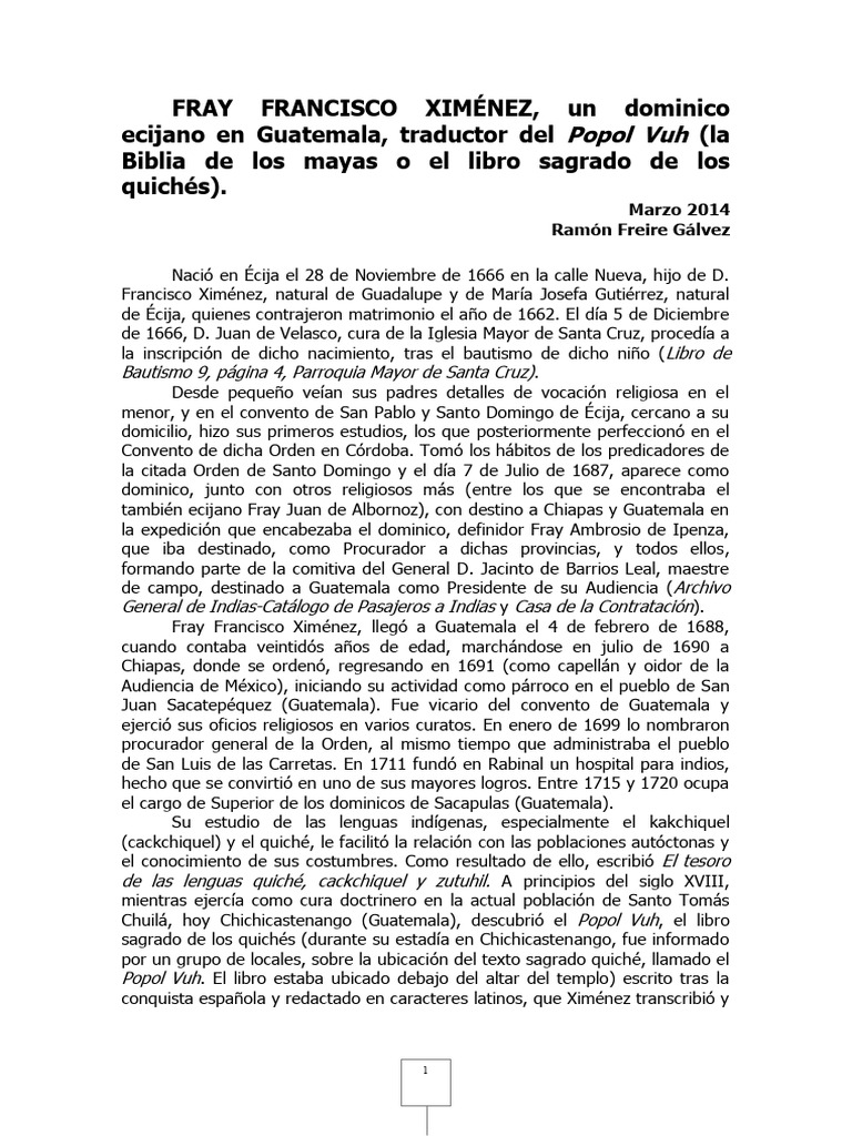 Fray Ximénez: Traductor del Popol Vuh | PDF