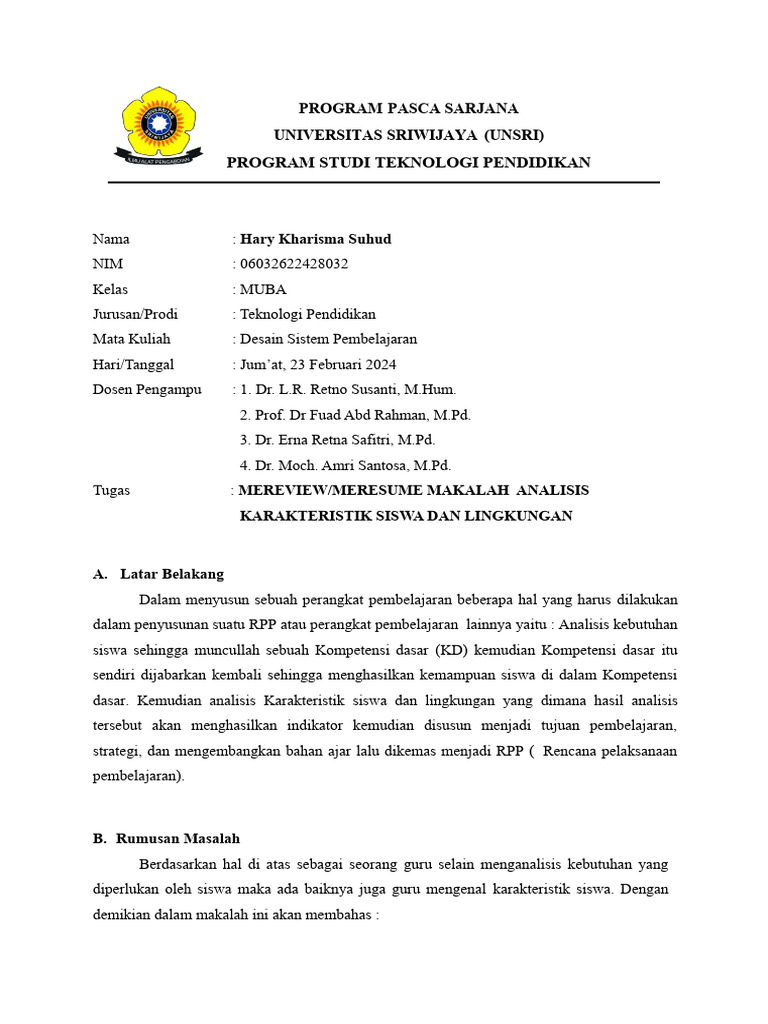 REVIEW MAKALAH ANALISIS KARAKTERISTIK SISWA DAN LINGKUNGAN_HARY ...