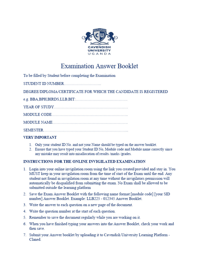 Online Exam Answer Booklet Guide | PDF