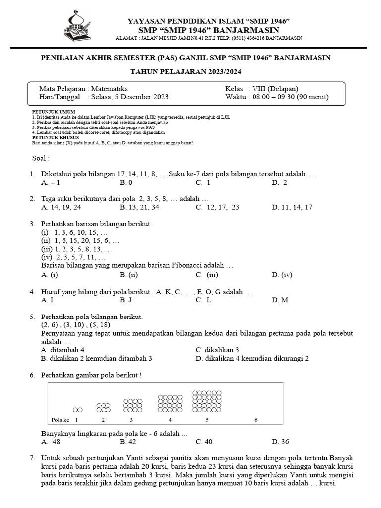 Soal PAS Ganjil Matematika Kelas 8 (TP 2023-2024) | PDF