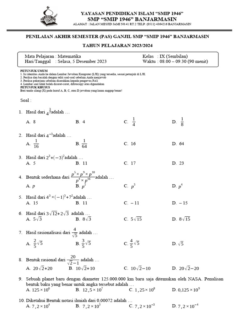 Soal PAS Ganjil Matematika Kelas 9 (TP 2023-2024) | PDF