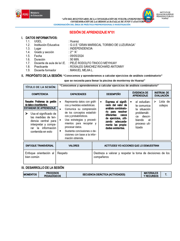 Sesión de Aprendizaje 01-2024 | PDF | Maestros | Aprendizaje