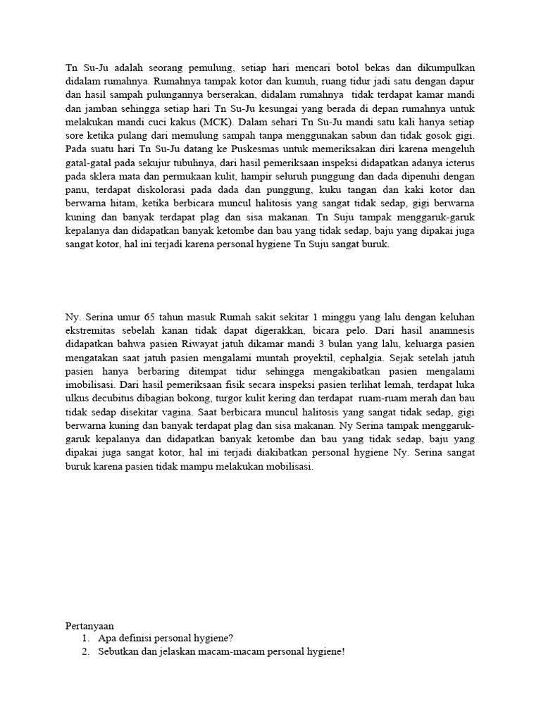 Soal Kasus Tutorial Personal Hygiene 2023 | PDF | Kajian Bahasa Asing | Gaya Hidup