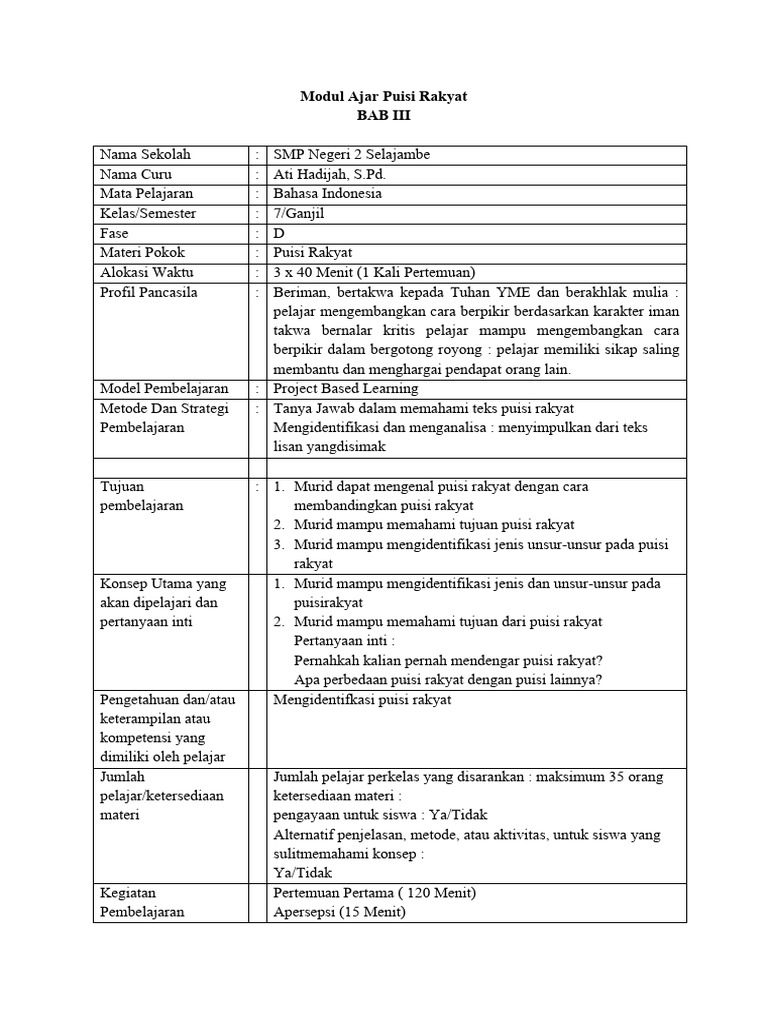 Modul Ajar Puisi Rakyat | PDF