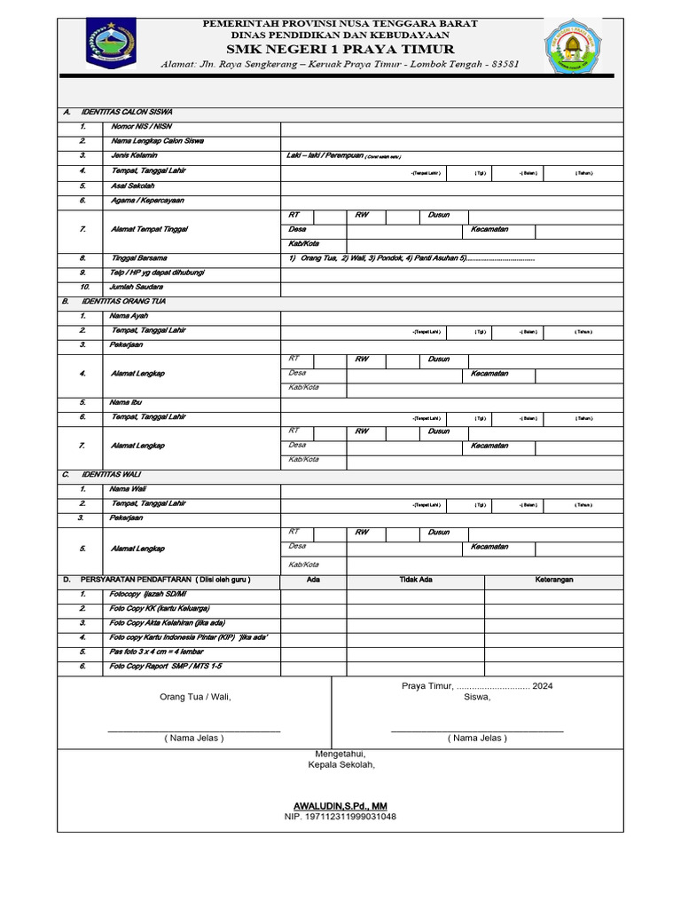 Formulir Pendaftaran PPDB SMKN 1 PRATIM 23024 | PDF