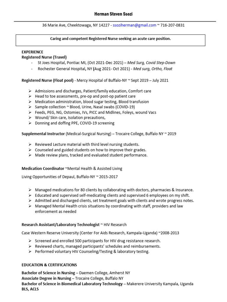 Registered Nurse Resume - Herman Ssozi | PDF | Science & Mathematics