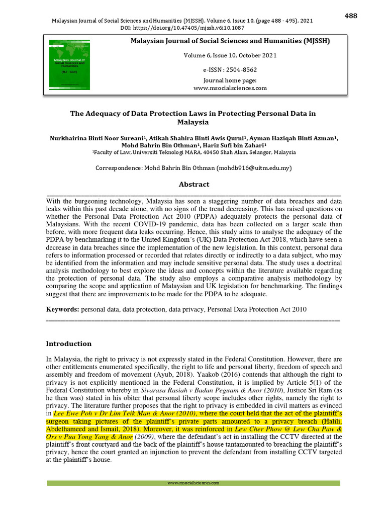 (Malaysian Journal PDPA) The Adequacy of Data Protection Laws in ...